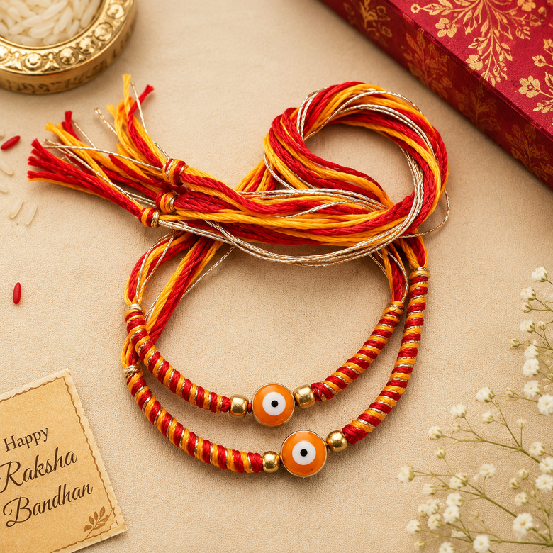 Handcrafted Evil Eye Rakhi Set of 2 – Coral Tree