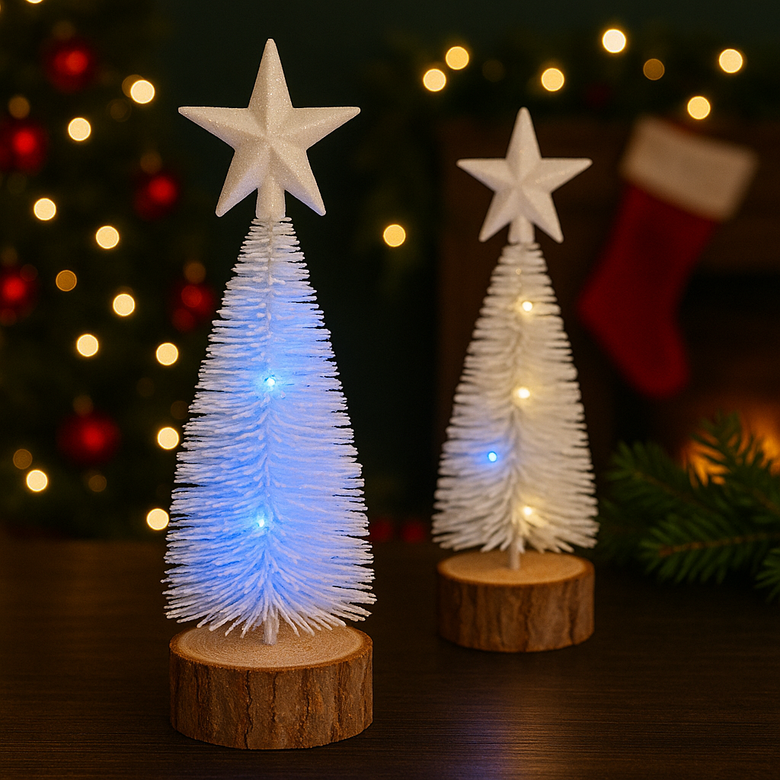 Mini White LED Christmas Tree with Wooden Base Set of 2 – Coral Tree