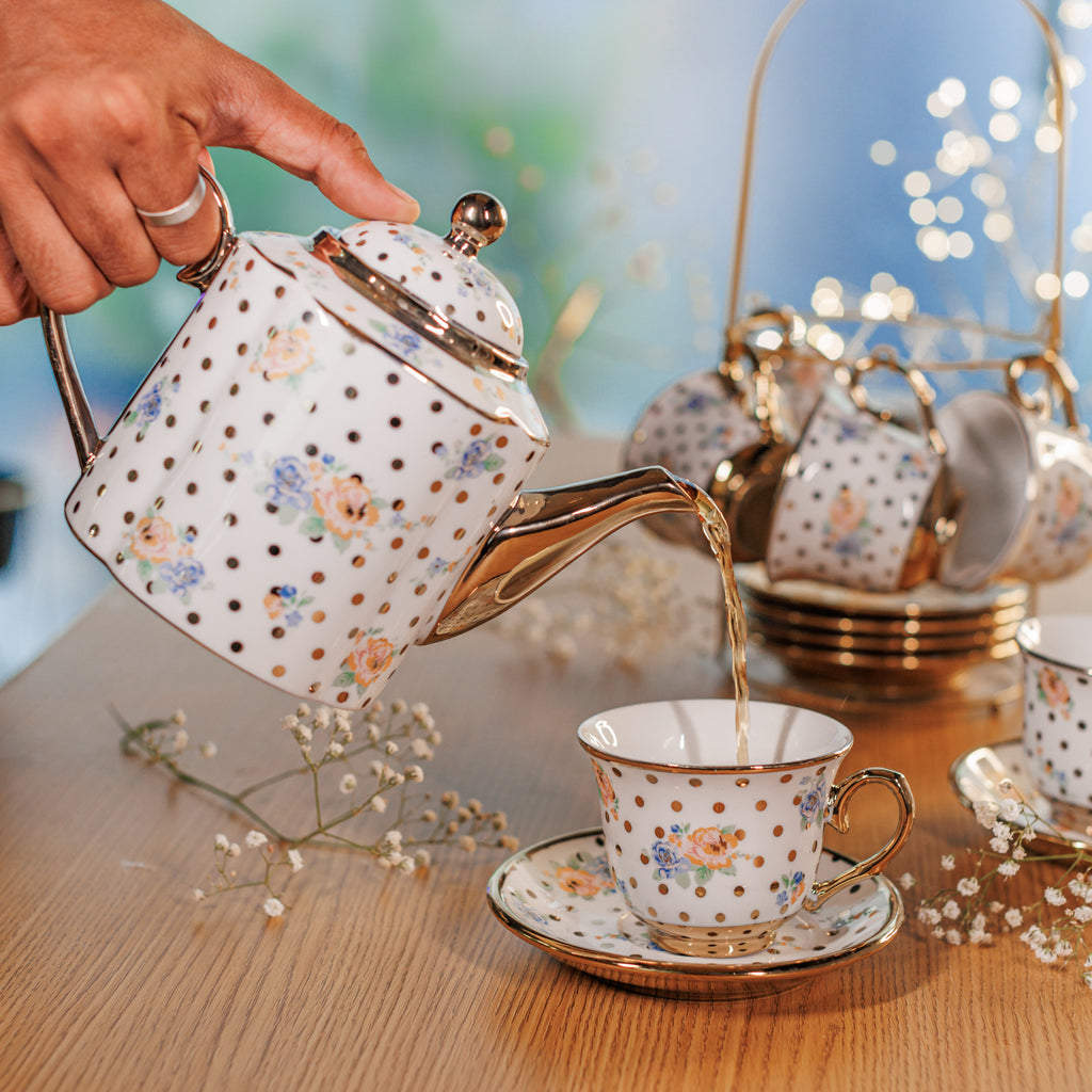 Polka dot 14 pc Tea Cup set – Coral Tree