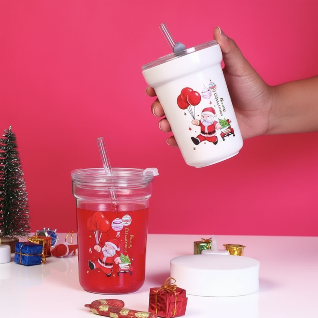 Christmas ceramic sipper with glass straw – Coral Tree